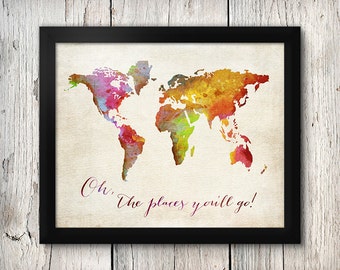 Oh the Places You'll Go Print World Map Printable Art - Etsy
