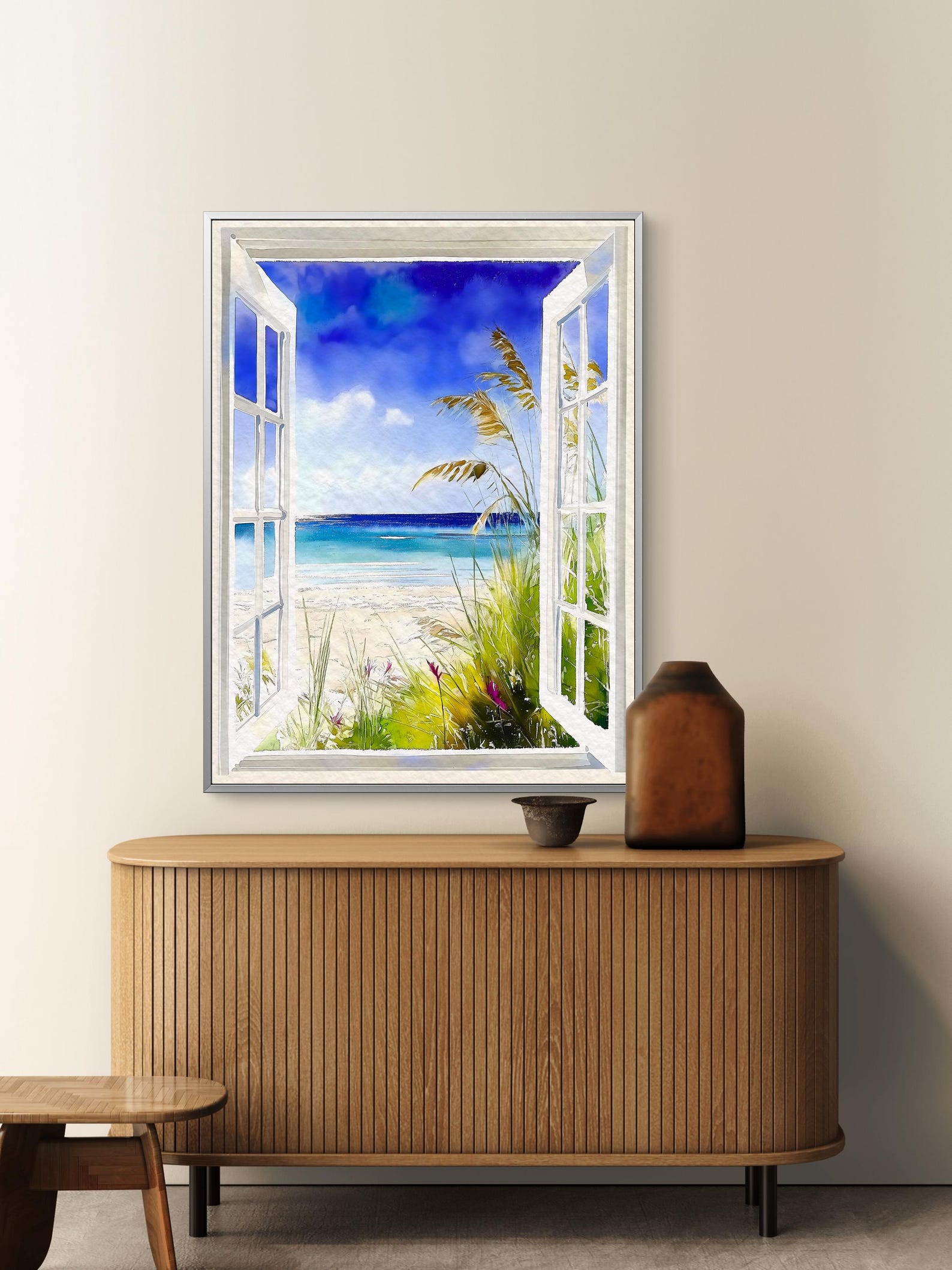 Watercolor Open Window View Print - Beach Art - View Through Window Art ...