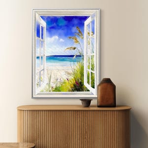 Watercolor Open Window View Print - Beach Art - View Through Window Art ...