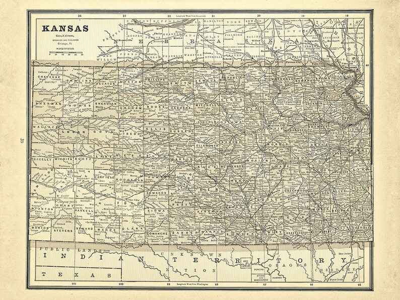 1887 Kansas Map Reprint Vintage Cram's Kansas State Map | Etsy