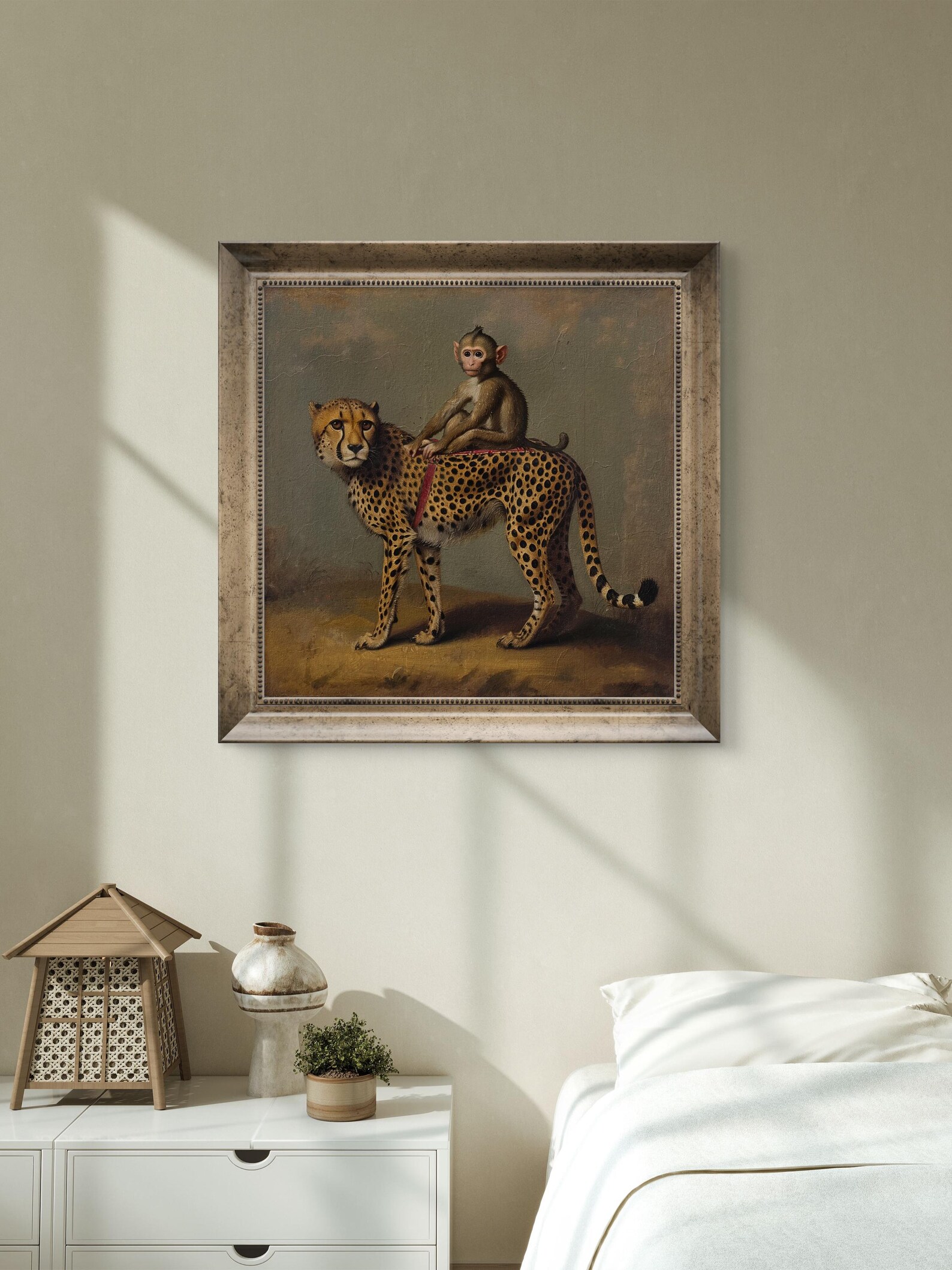 Monkey Riding Cheetah – Whimsical Jungle Vintage Animal Wall Art Print ...