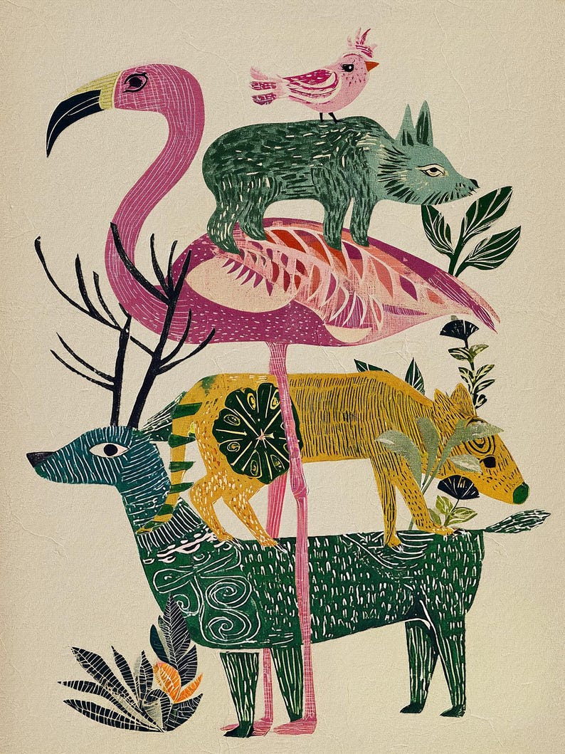 Whimsical Animal Stack Art Print, Flamingo Nursery Wall Decor ...