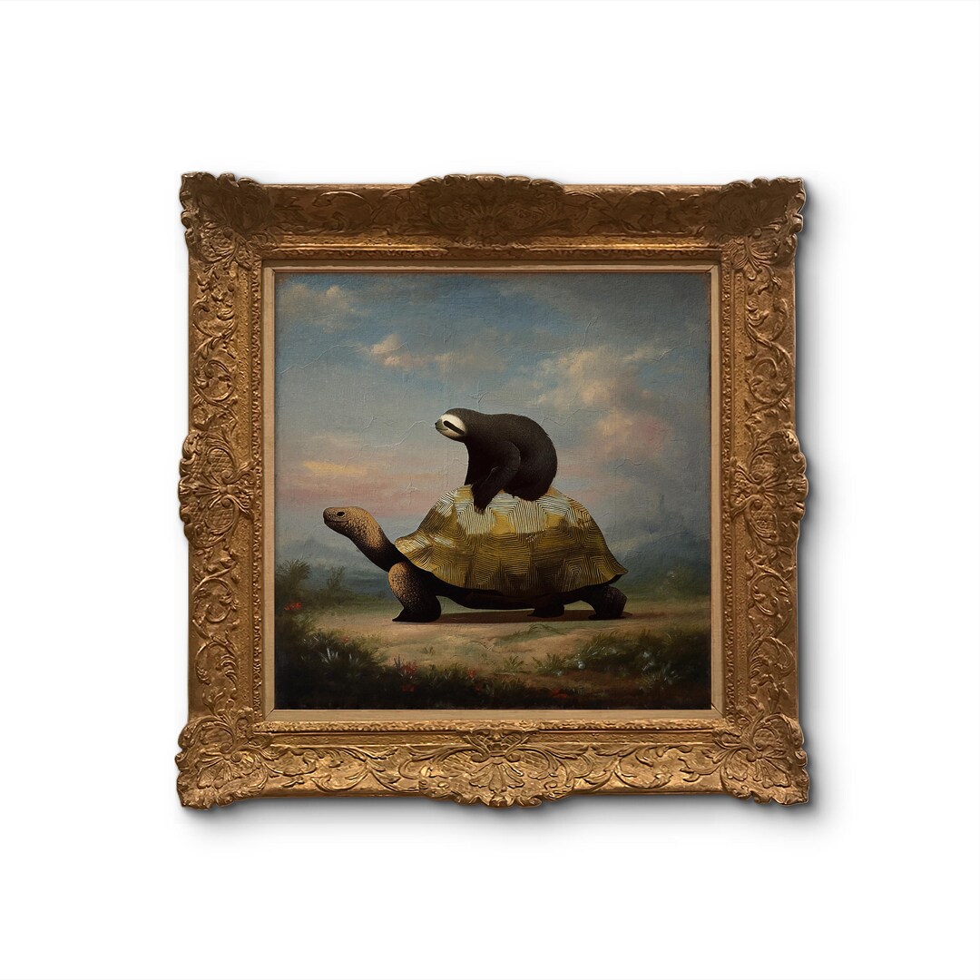 Whimsical Sloth Riding Turtle – Vintage Style Animal Art Print for Wall ...