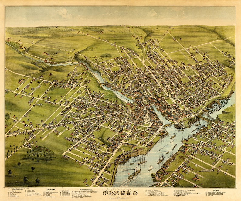 Vintage Bangor Map 1875 - Old Map of Bangor, Maine Reprint- 5 Large/xl ...