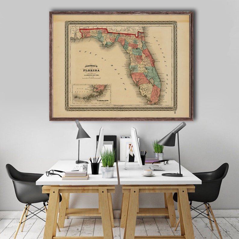 1870 Johnson's Map of Florida Reprint Vintage Florida Map | Etsy