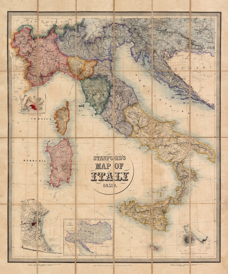 1859 Italy Map Reprint Vintage Italy Map Reprint 4 Large/xl - Etsy