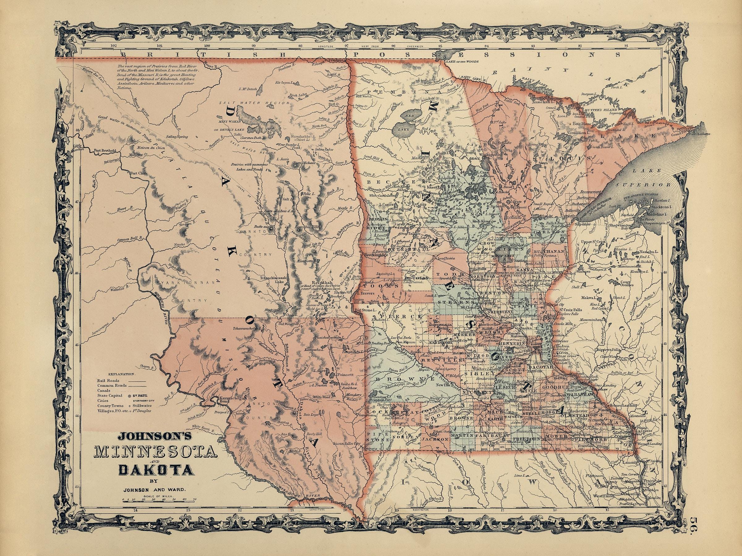 1862 Johnson's Map of Minnesota and Dakota Territory Map Reprint - 3 ...