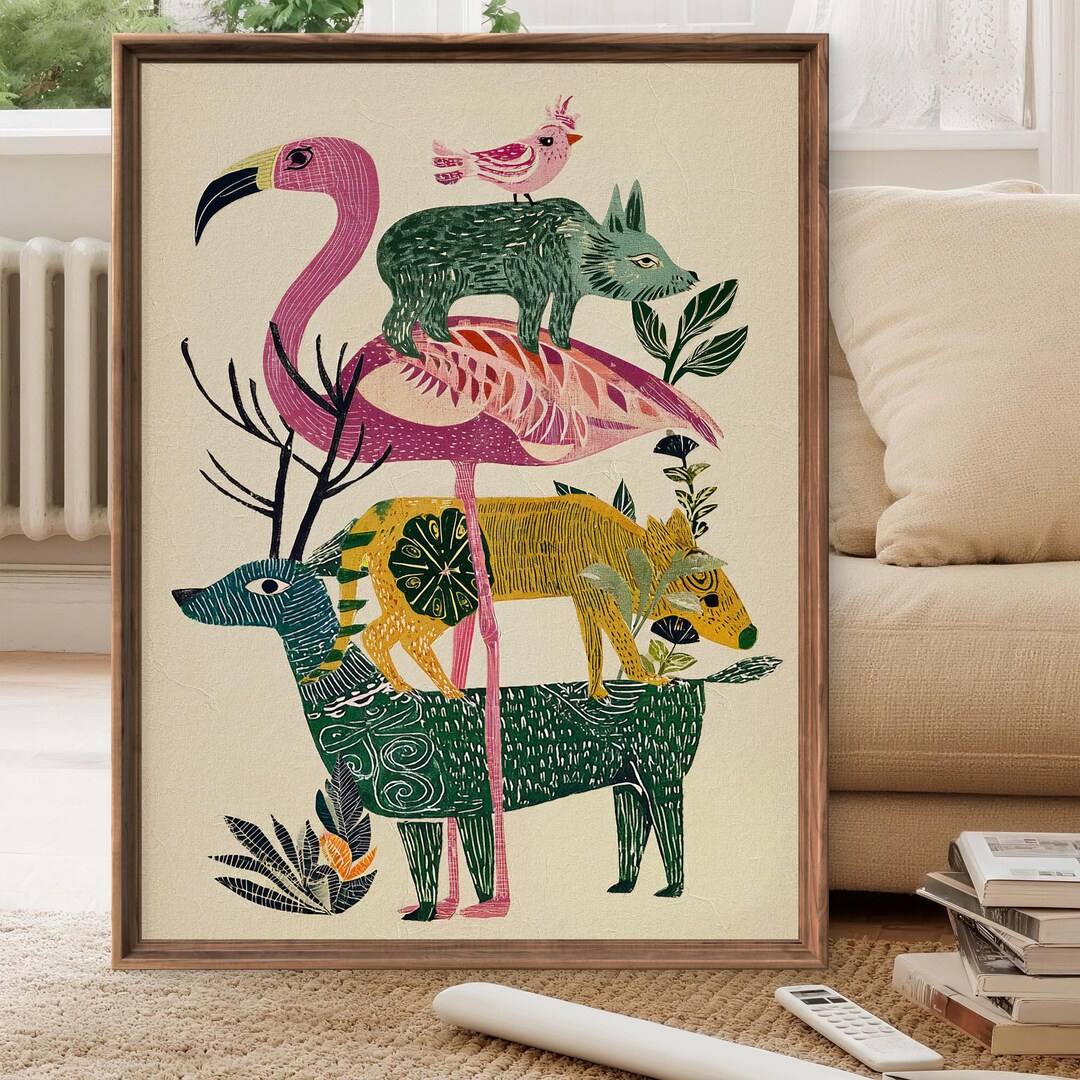Whimsical Animal Stack Art Print, Flamingo Nursery Wall Decor ...