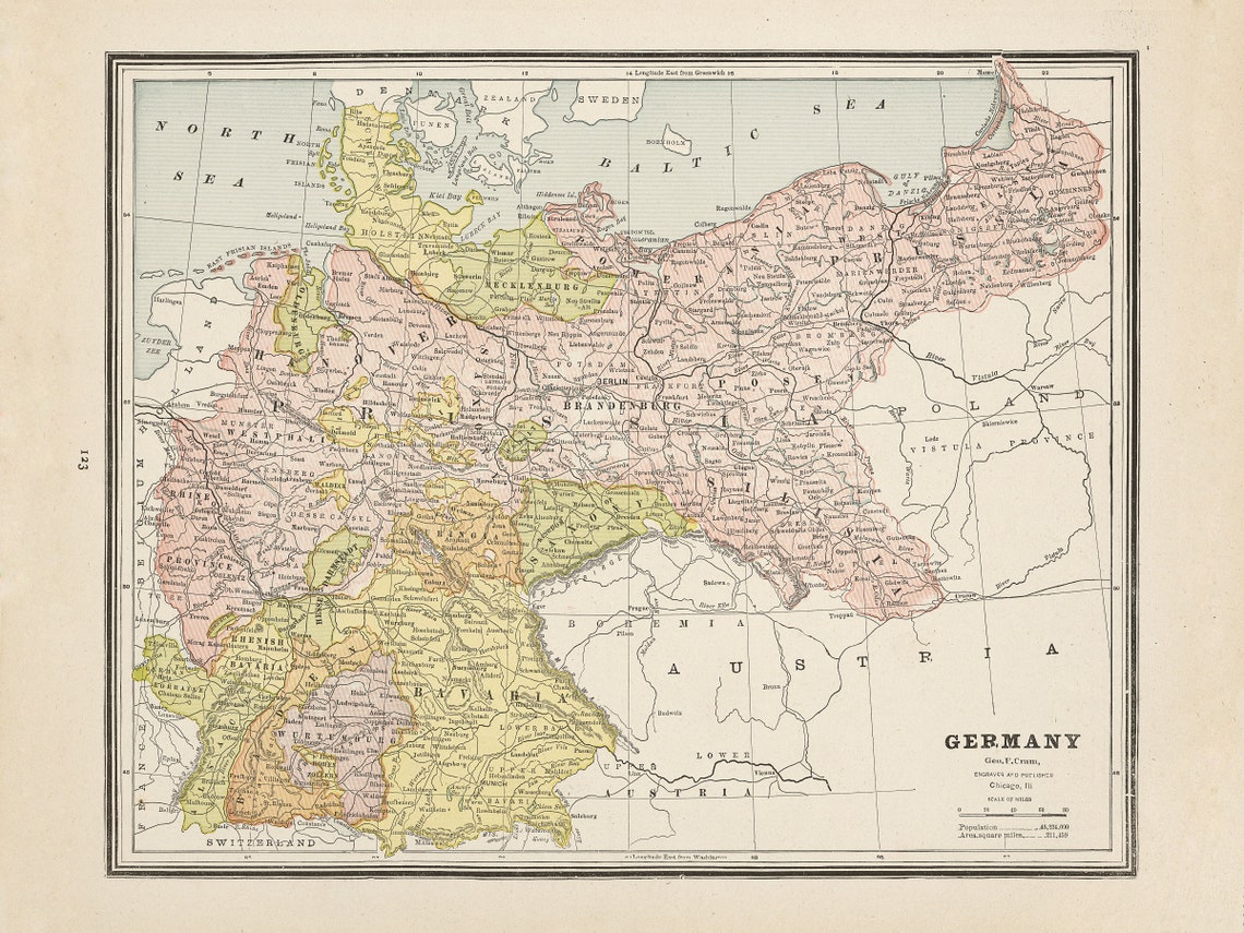 1887 Germany Map Reprint Vintage Cram's Germany Map - Etsy