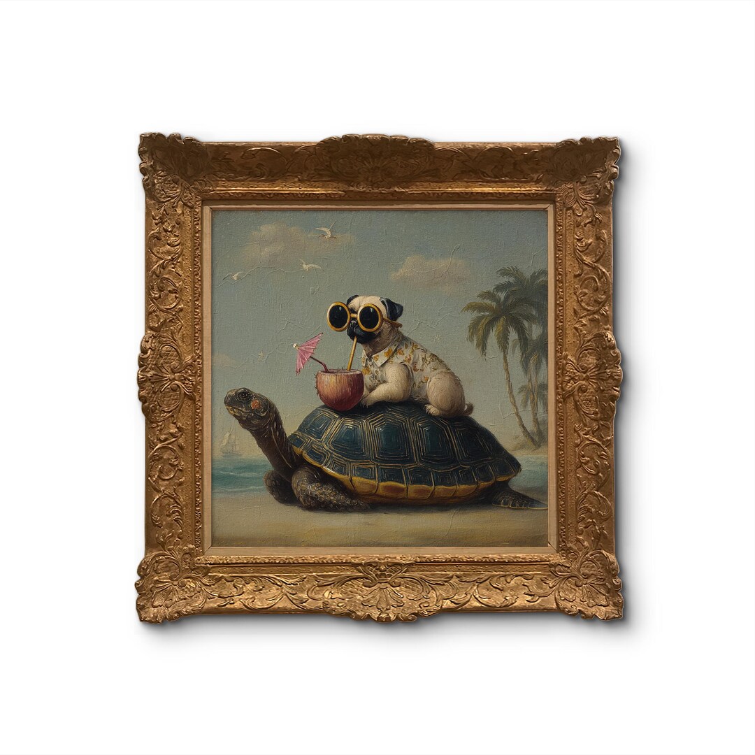 Pug on Turtle – Tropical Whimsical Vintage-style Oil Painting Wall Art ...