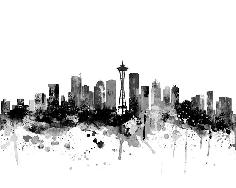 Seattle Skyline Black and Whitedigital Watercolor Art Print - Etsy