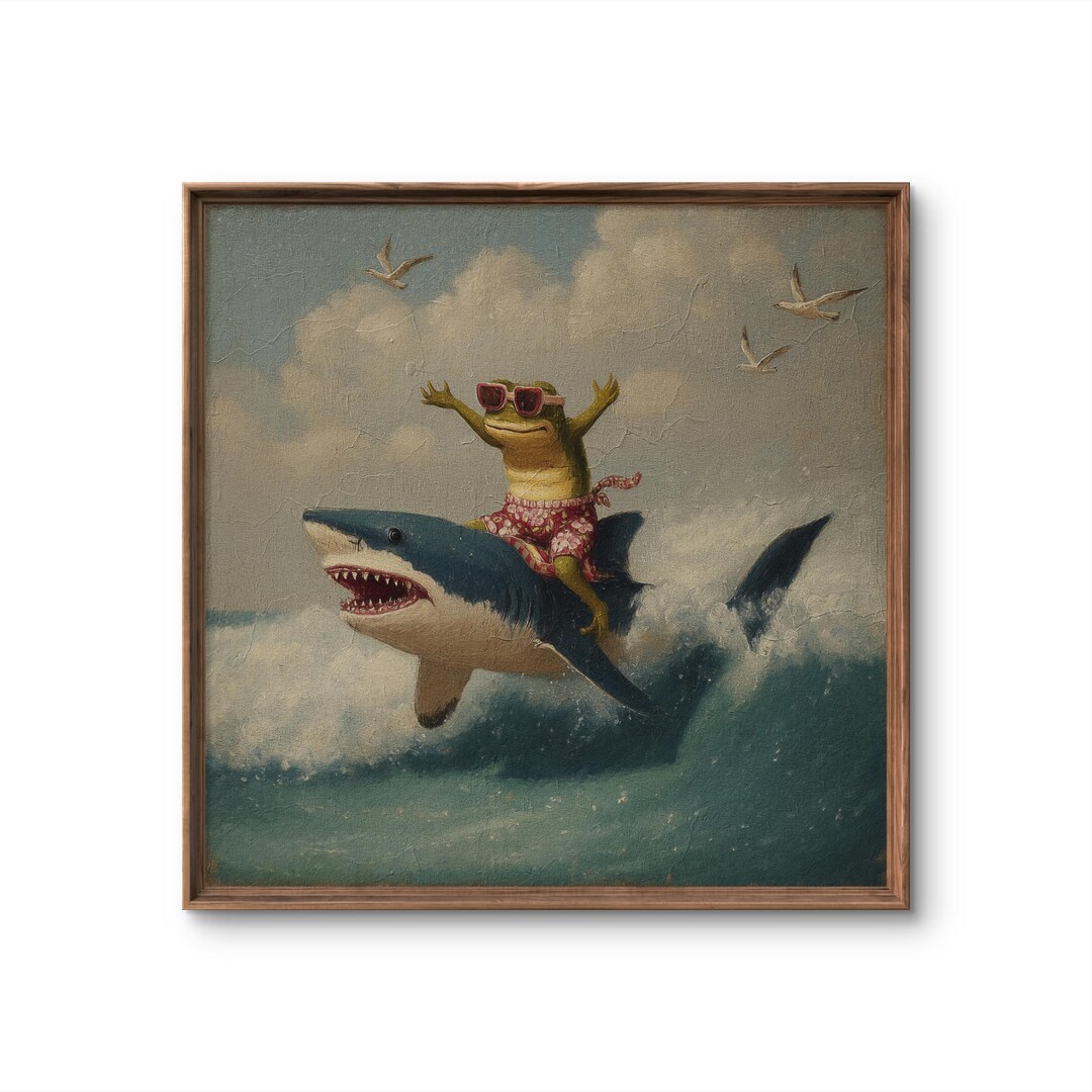 Surfing Frog on Shark – Funny Retro Ocean Animal Art Print – Beach ...