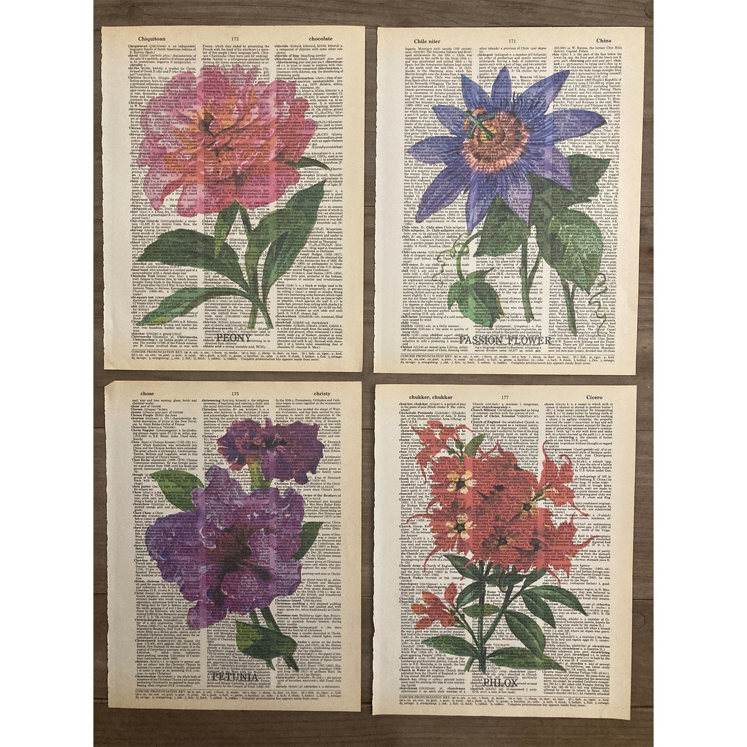 Flower Themed Dictionary Print Set - 4-piece Set - Flower Art - Printed ...