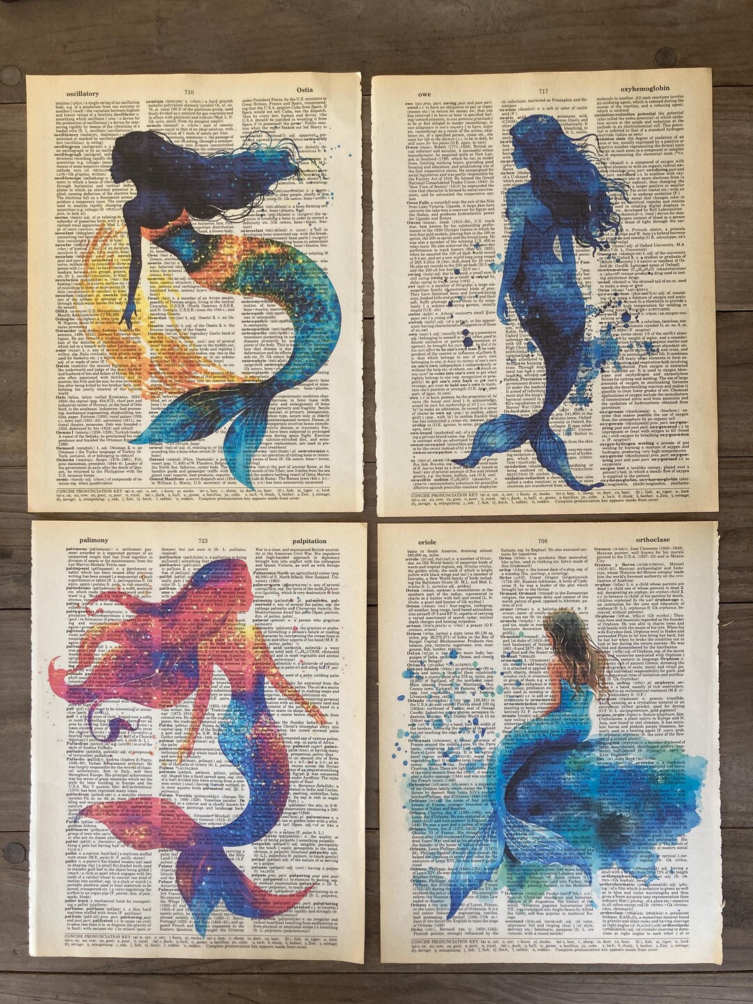 Mermaid Themed Dictionary Prints, 4 Piece Set, Mermaid Wall Hanging ...