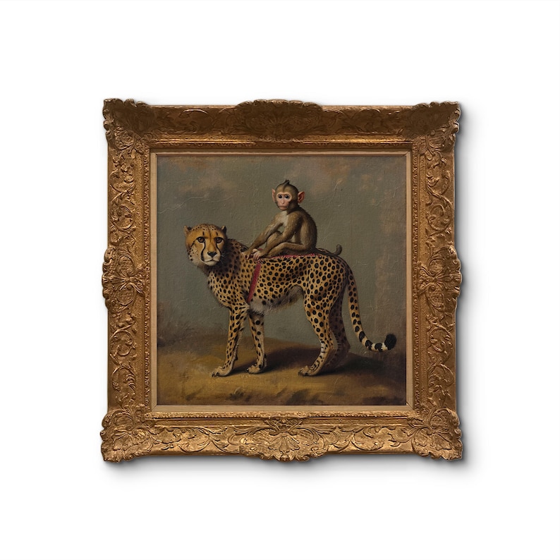 Monkey Riding Cheetah – Whimsical Jungle Vintage Animal Wall Art Print ...