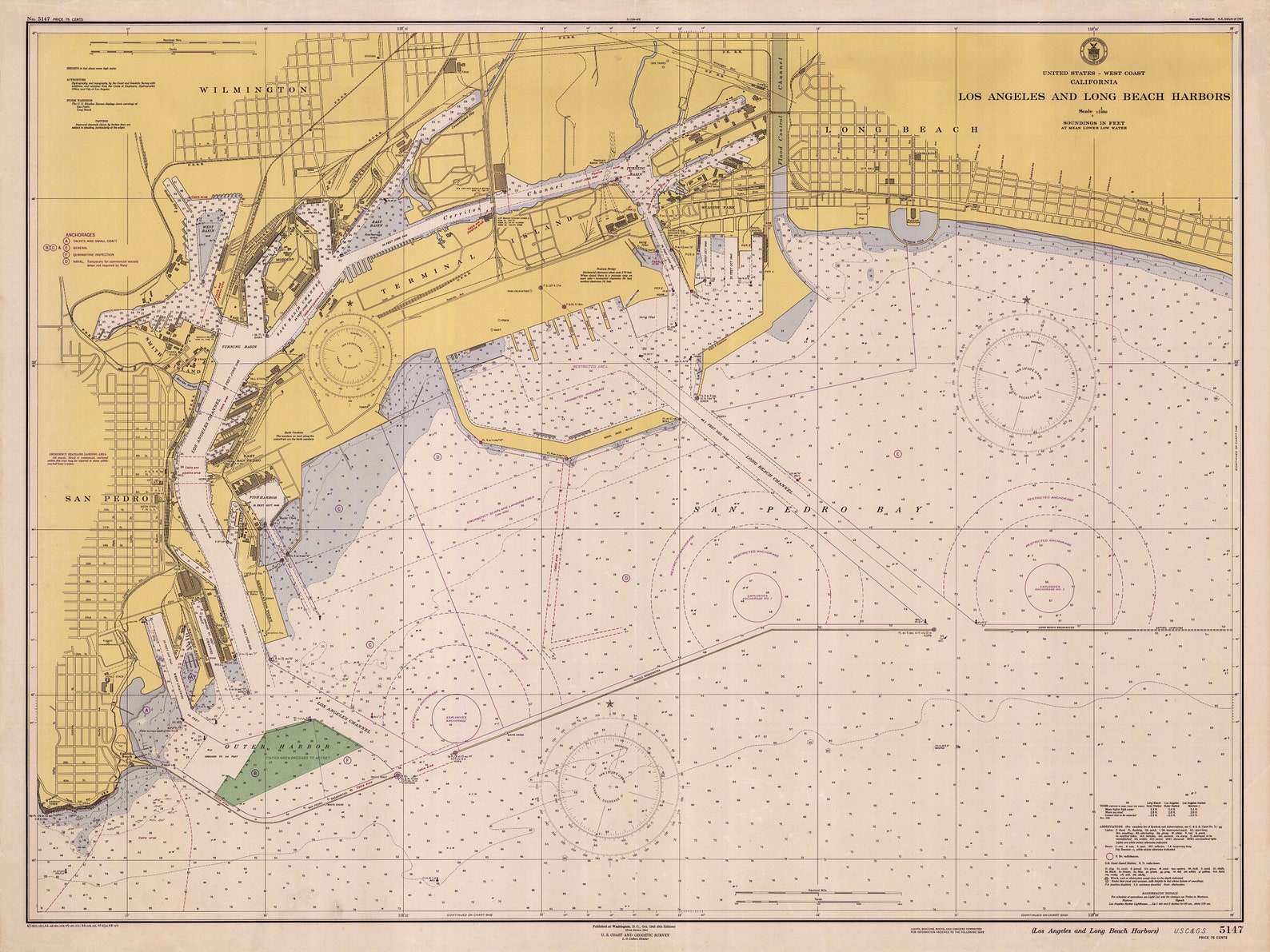 1948 Los Angeles and Long Beach Harbors Nautical Chart Reprint - 6 L/XL ...