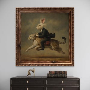 Dapper Rabbit Riding a Leopard – Surreal Vintage-style Animal Portrait ...