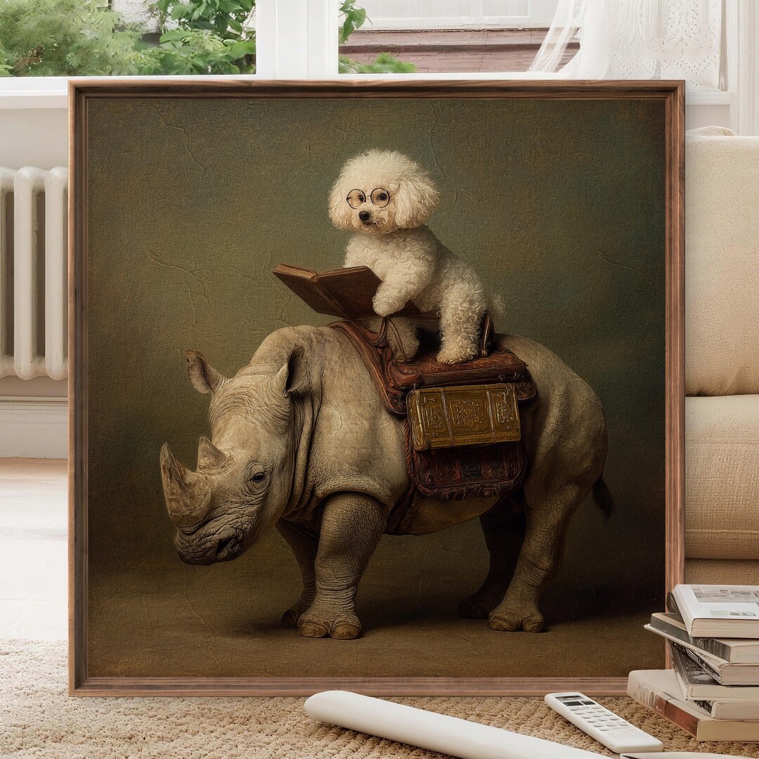 Bichon Frise and Rhino Oil Painting Print, Animal Art, Funny Reading ...