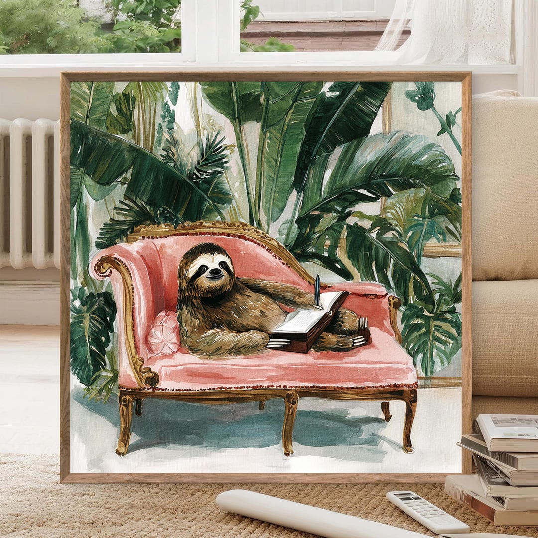 Sloth Reading Art Print, Vintage Style Animal Poster, Cozy Pink Sofa ...