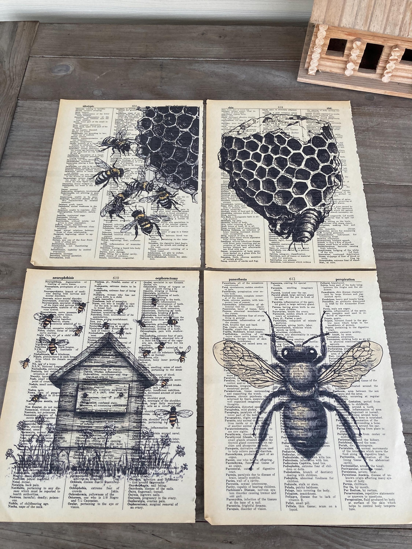 Bee Themed Dictionary Print Set - Bee & Beehive, - Rustic Honeybee ...