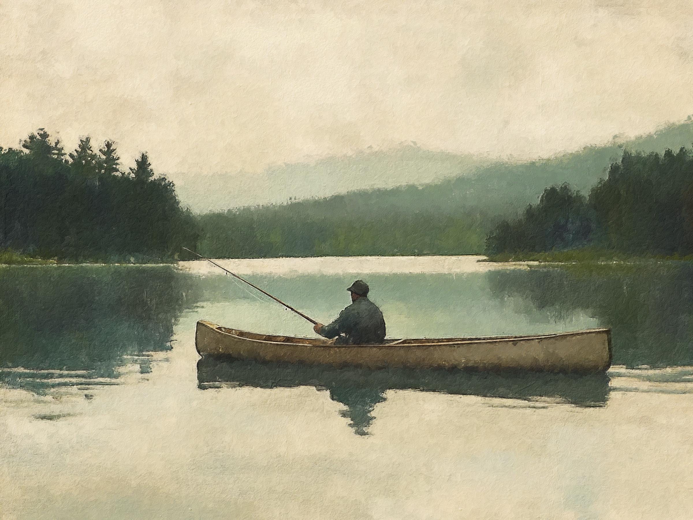 Fishing Canoe Lake Print – Rustic Nature Wall Art for Cabin Decor ...