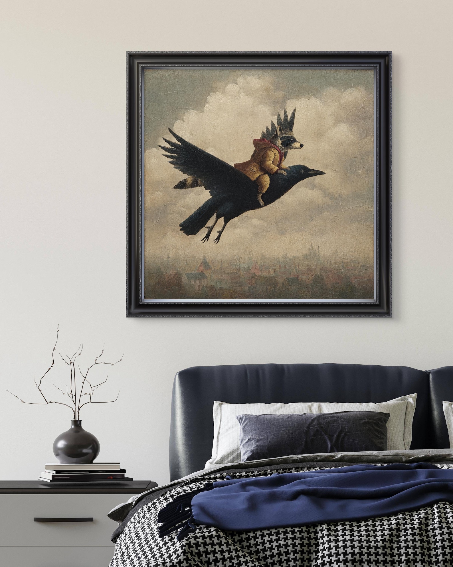 Whimsical Raccoon Riding Crow Art Print – Fantasy Animal Painting ...