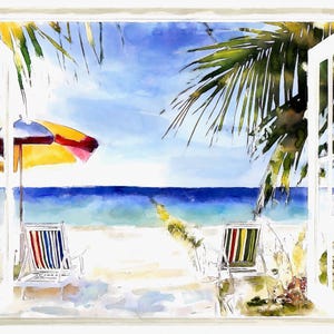 Watercolor Open Window View Print - Beach Art - View Through Window Art ...