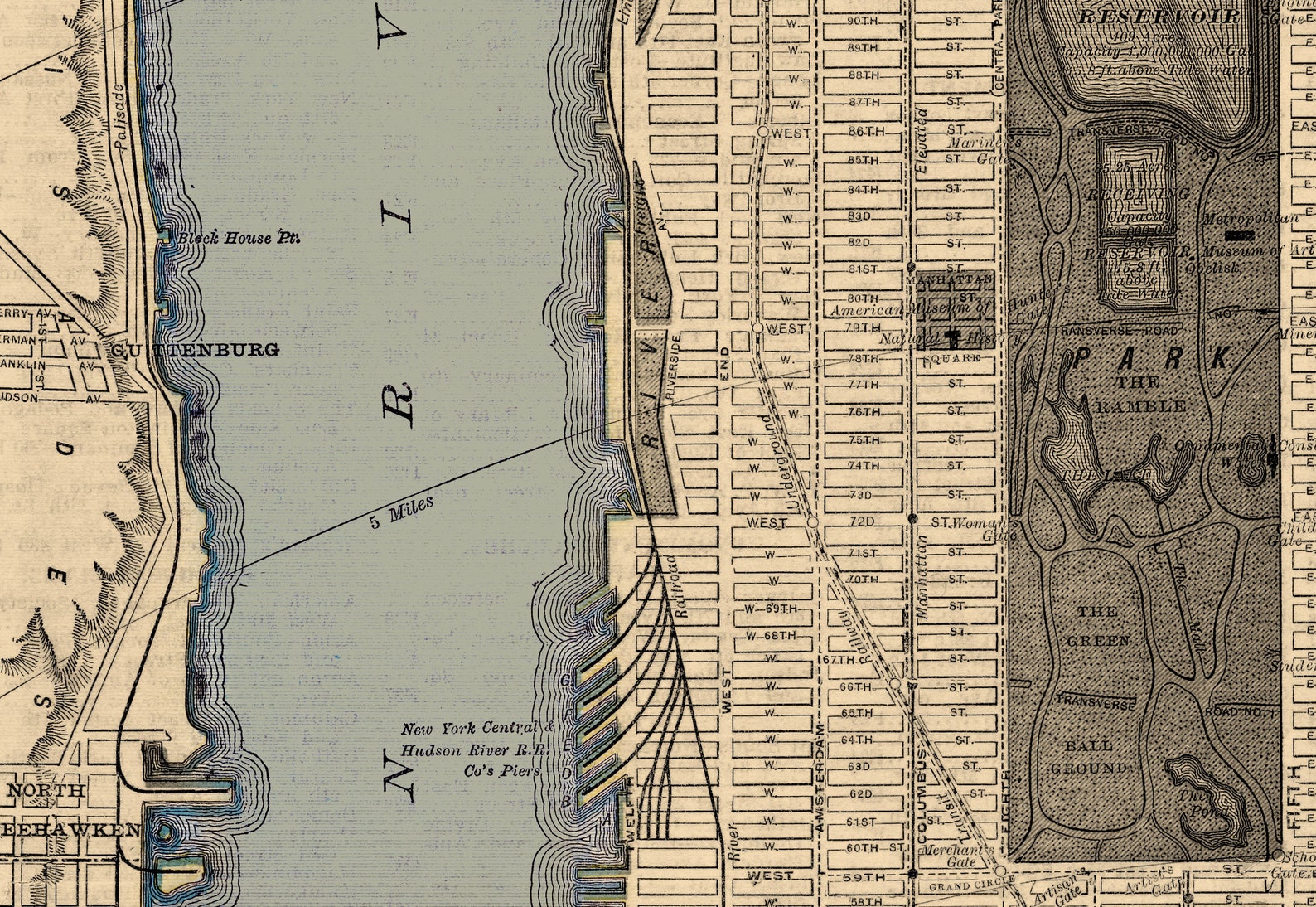 1905 Manhattan Map Reprint - Vintage Street Map of Manhattan Reprint ...