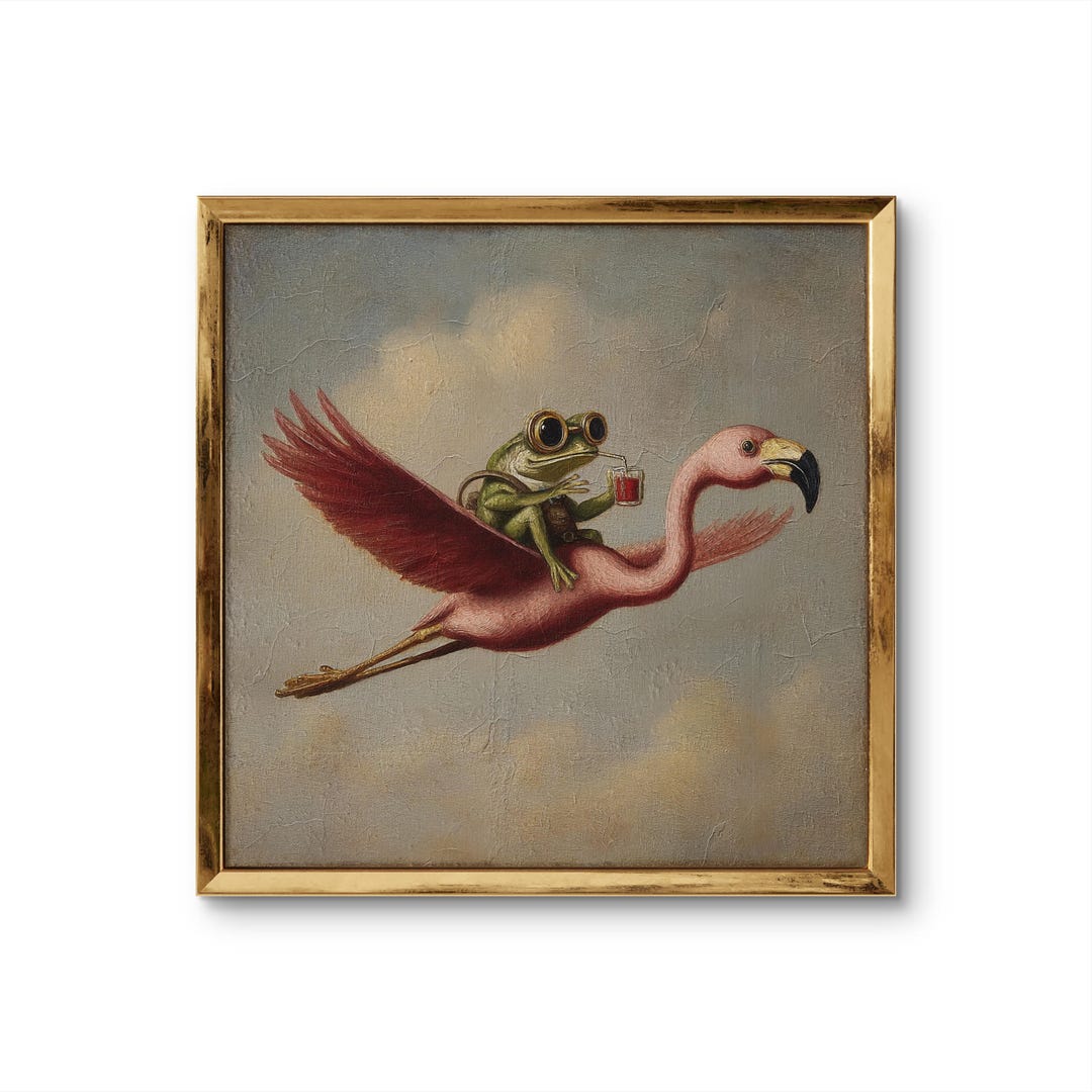 Frog on Flamingo Digital Print – Whimsical Vintage-style Animal ...