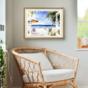 Watercolor Open Window View Print Beach Art View Through Window Art ...