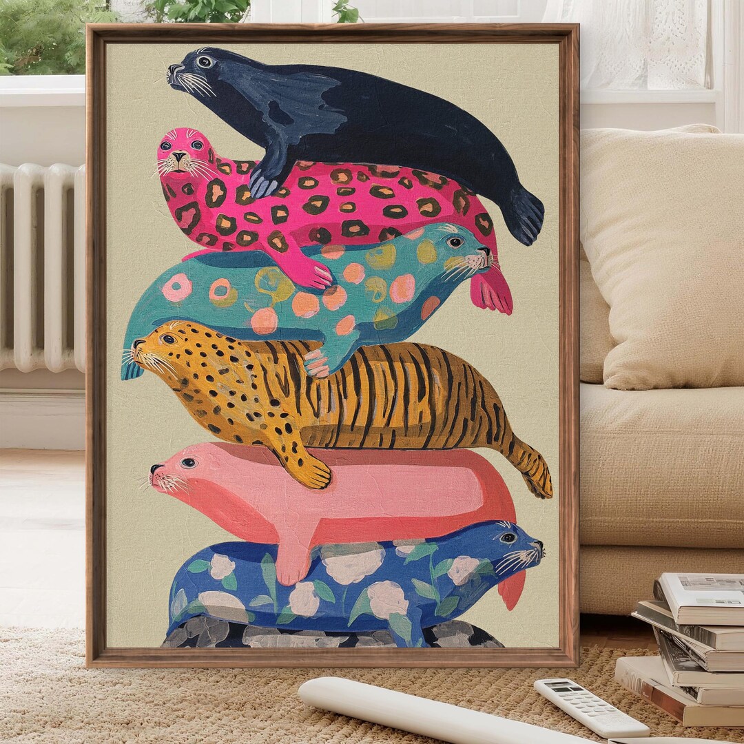 Colorful Seal Art Print, Stacked Seals Poster, Whimsical Animal Wall ...