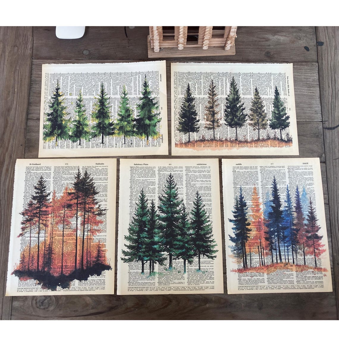 Pine Trees Themed Dictionary Print, Pine Trees, 5-piece Set, Green Tree ...