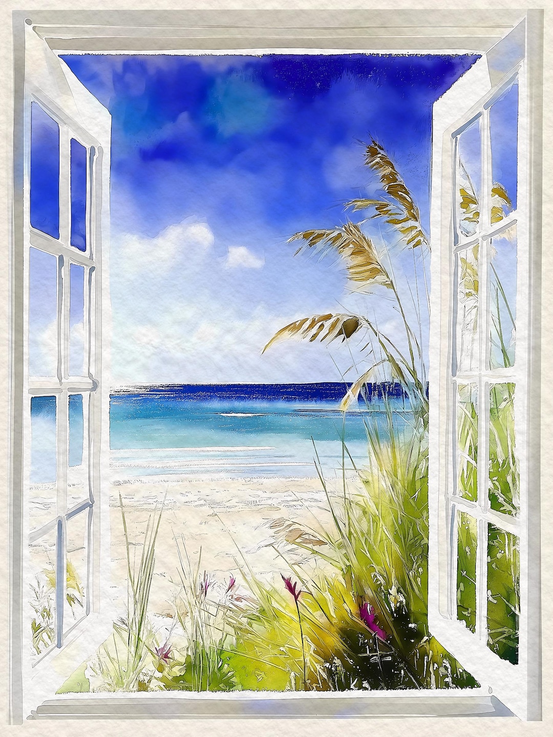 Watercolor Open Window View Print - Beach Art - View Through Window Art ...