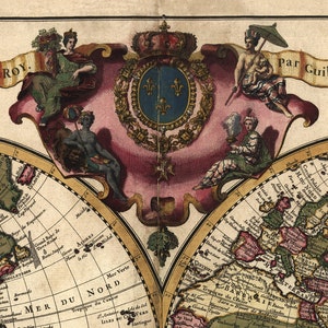 1720 French World Map Reprint, Vintage Hemispheres World Map Reprint 5 ...