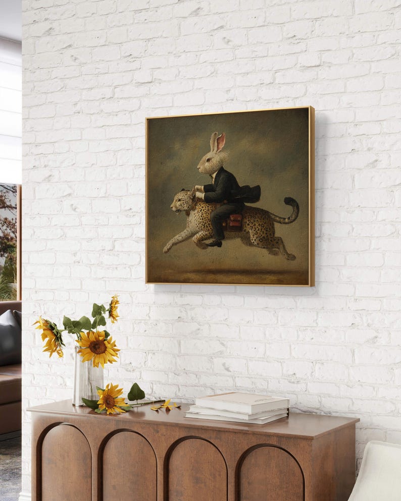 Dapper Rabbit Riding a Leopard – Surreal Vintage-style Animal Portrait ...