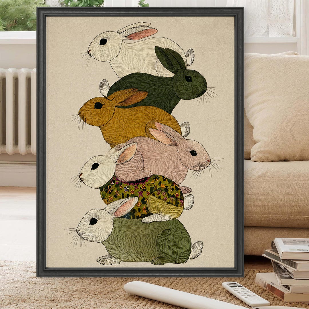 Colorful Mid-century Rabbits Art Print – Whimsical Floral Rabbits ...