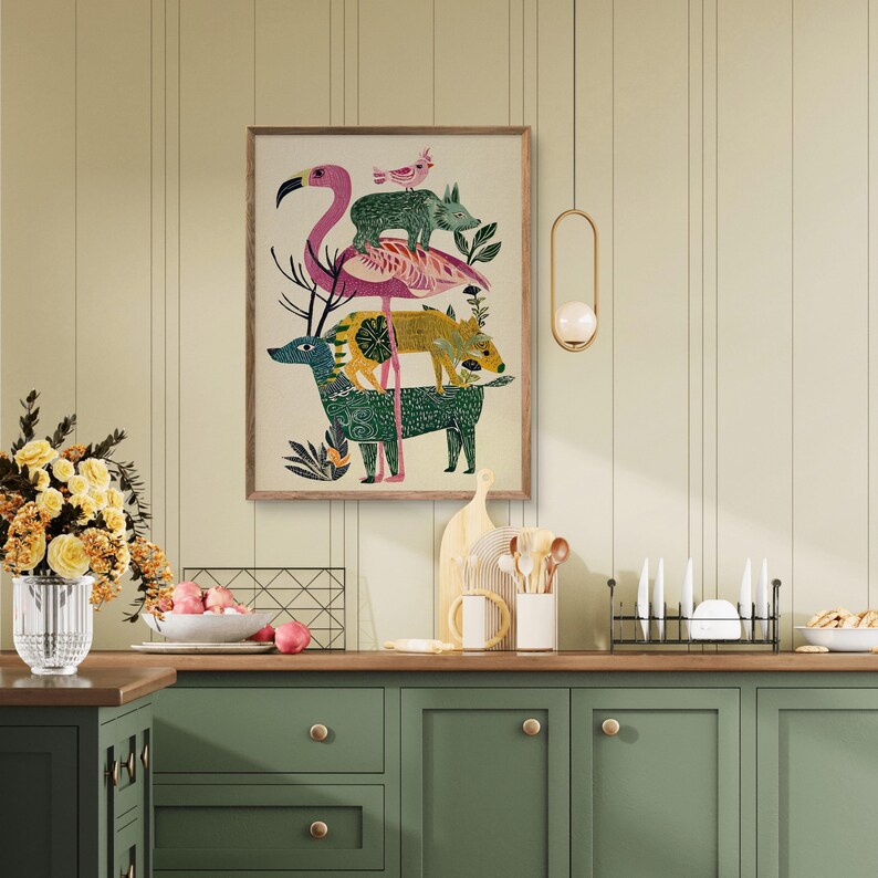 Whimsical Animal Stack Art Print, Flamingo Nursery Wall Decor ...