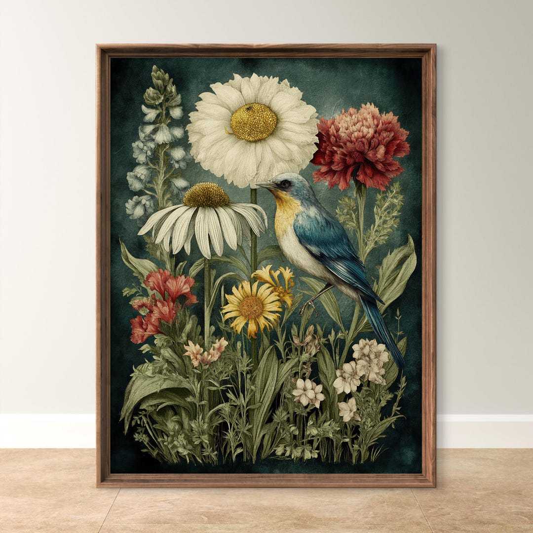 Vintage-style Botanical Bird and Flower Print – Cottagecore Wild Garden ...