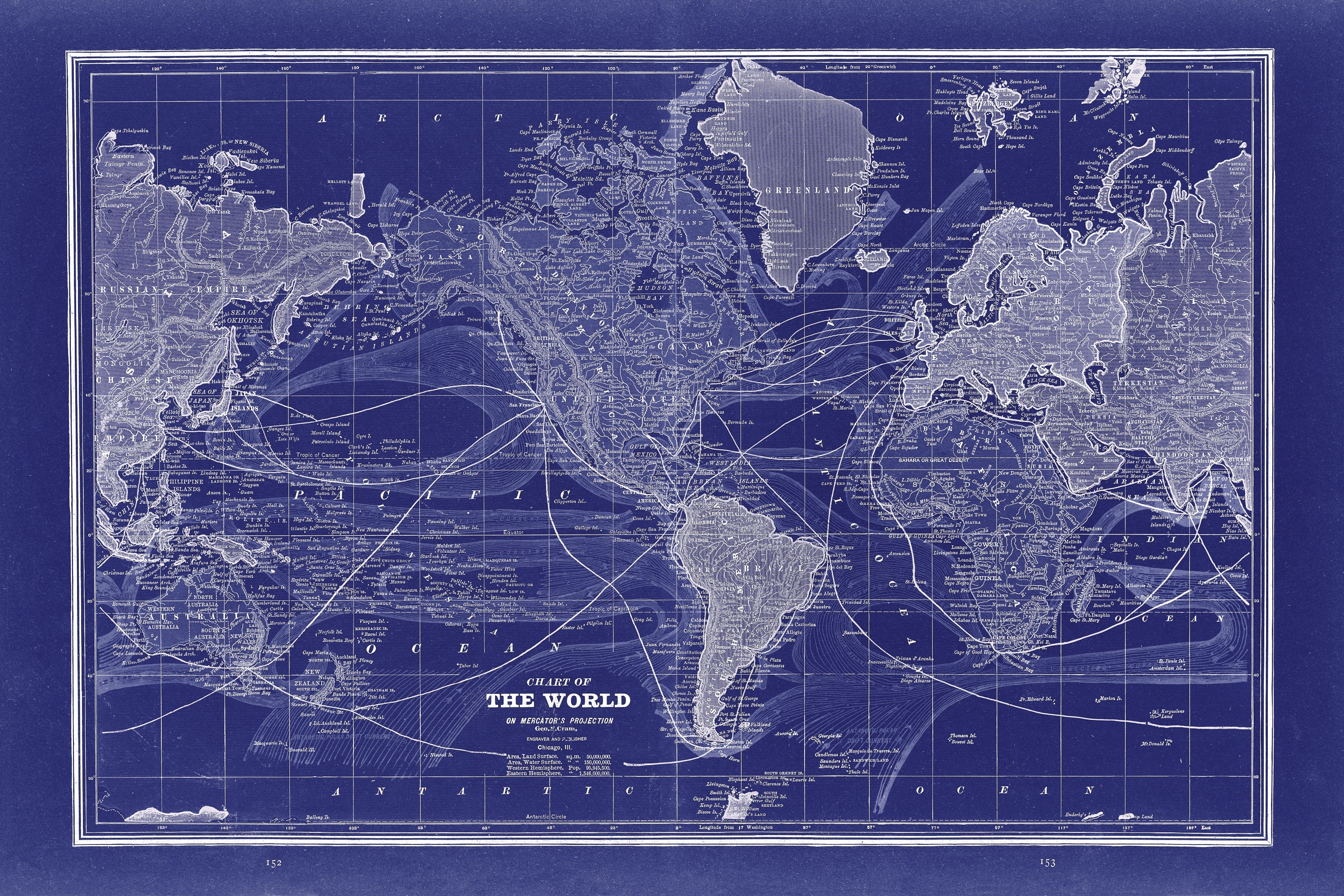1887 World Map Reprint , Vintage Cram's "chart of the World" Map ...