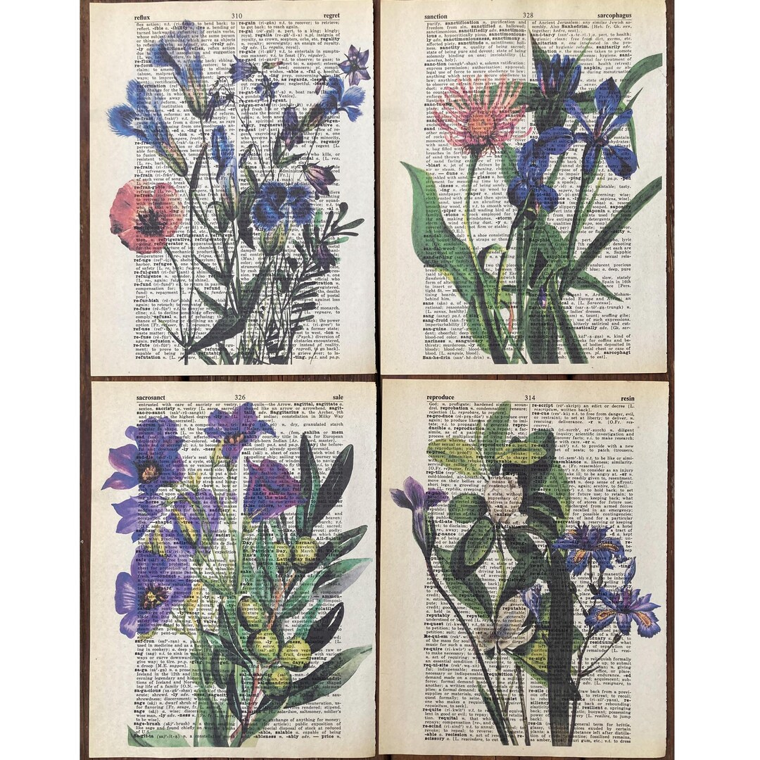 Wild Flowers Themed Dictionary Print Set - 4-piece Set - Watercolor ...