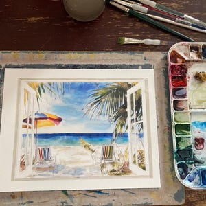 Watercolor Open Window View Print - Beach Art - View Through Window Art ...
