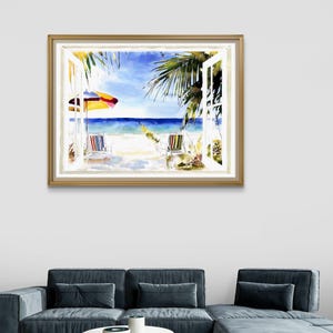Watercolor Open Window View Print - Beach Art - View Through Window Art ...