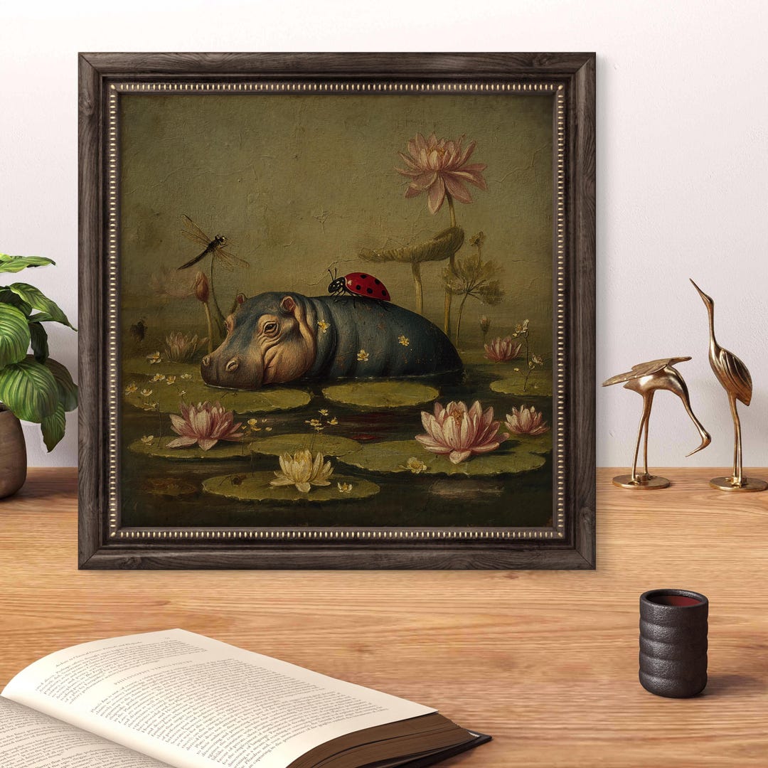 Vintage-style Hippo and Ladybug Art Print - Whimsical Lotus Pond Animal ...