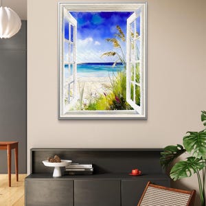 Watercolor Open Window View Print - Beach Art - View Through Window Art ...