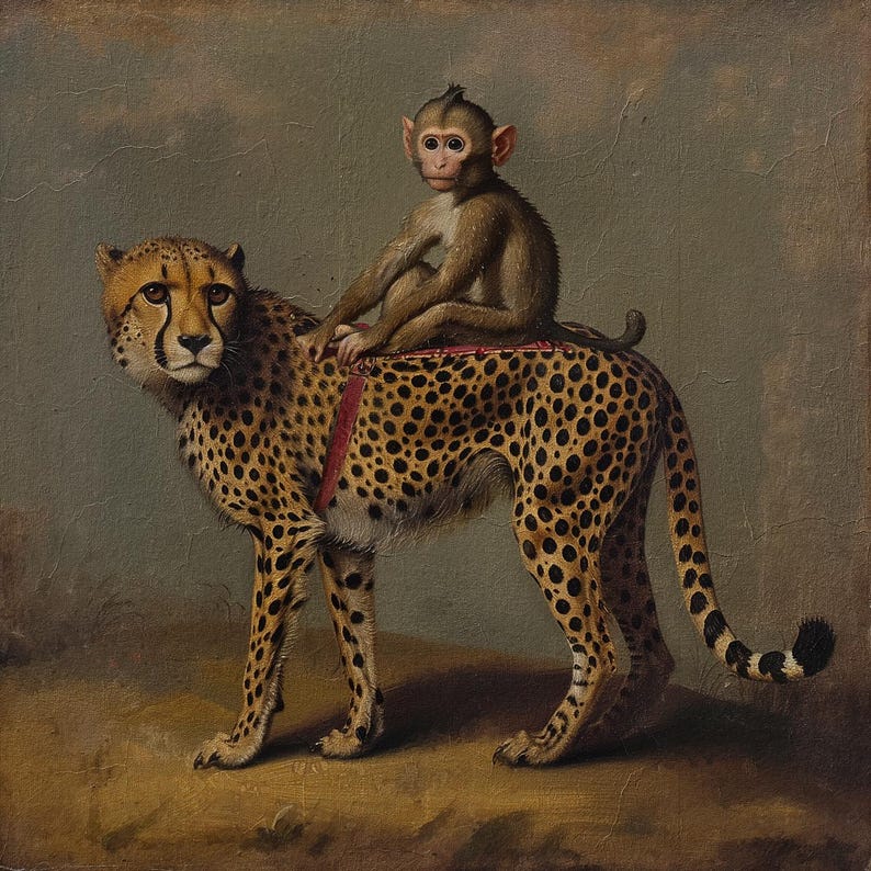 Monkey Riding Cheetah – Whimsical Jungle Vintage Animal Wall Art Print ...