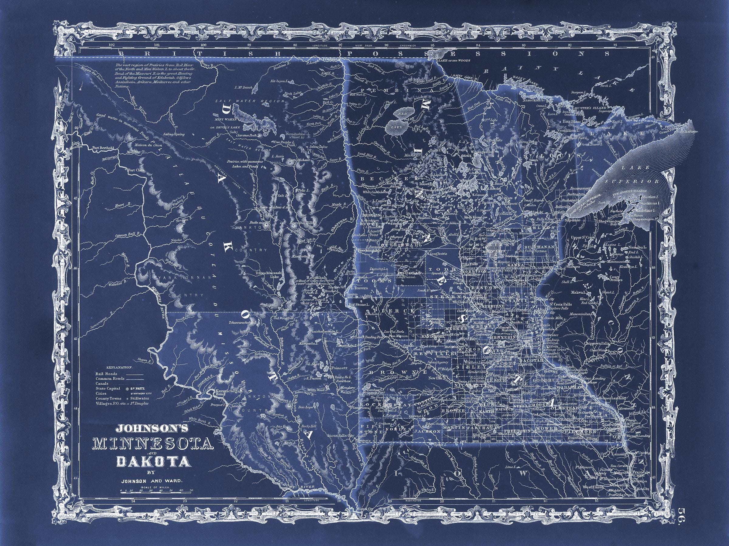 1862 Johnson's Map of Minnesota and Dakota Territory Map Reprint - 3 ...