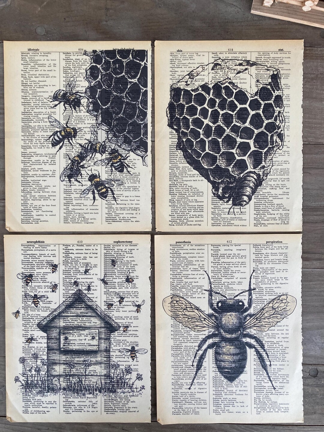 Bee Themed Dictionary Print Set - Bee & Beehive, - Rustic Honeybee ...