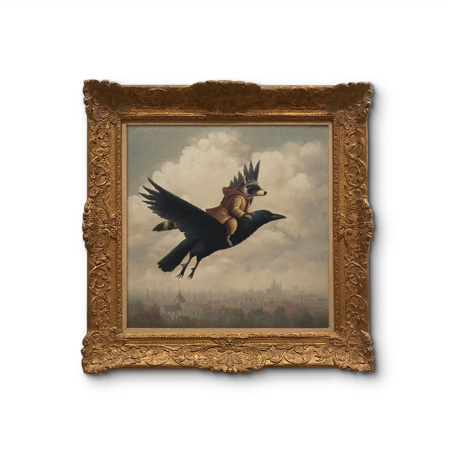 Whimsical Raccoon Riding Crow Art Print – Fantasy Animal Painting ...