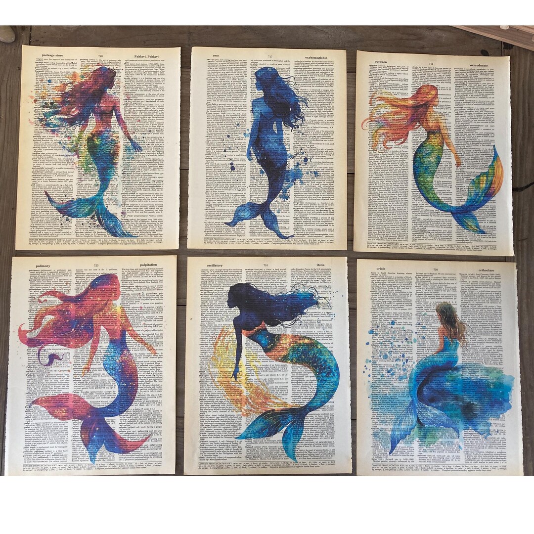 Mermaid Themed Dictionary Prints - 6 Piece Set - Art Nuevo Mermaid ...
