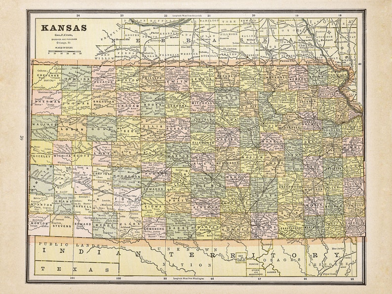 1887 Kansas Map Reprint Vintage Cram's Kansas State Map | Etsy